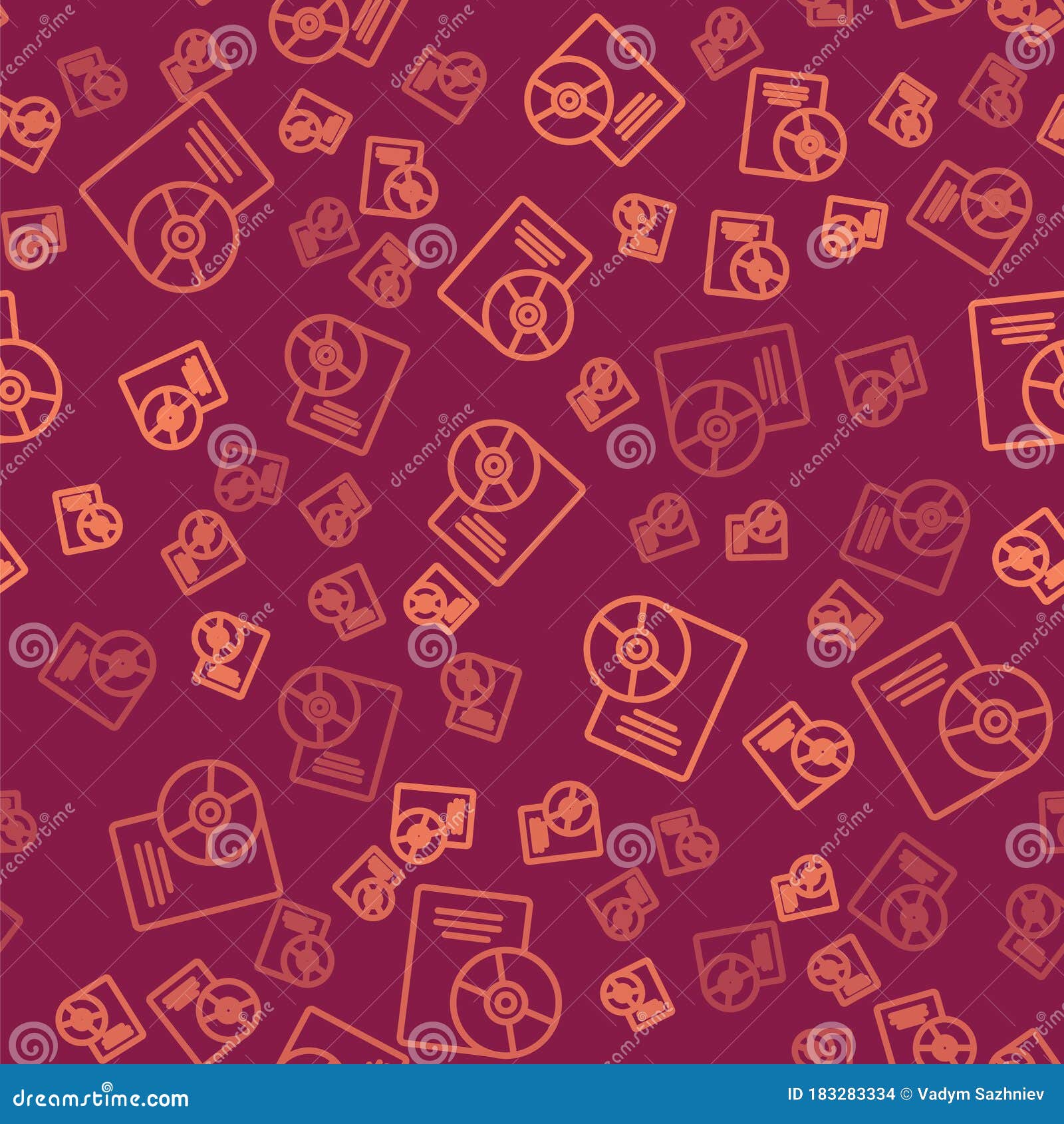 Brown Line CD or DVD Disk Icon Isolated Seamless Pattern on Red ...