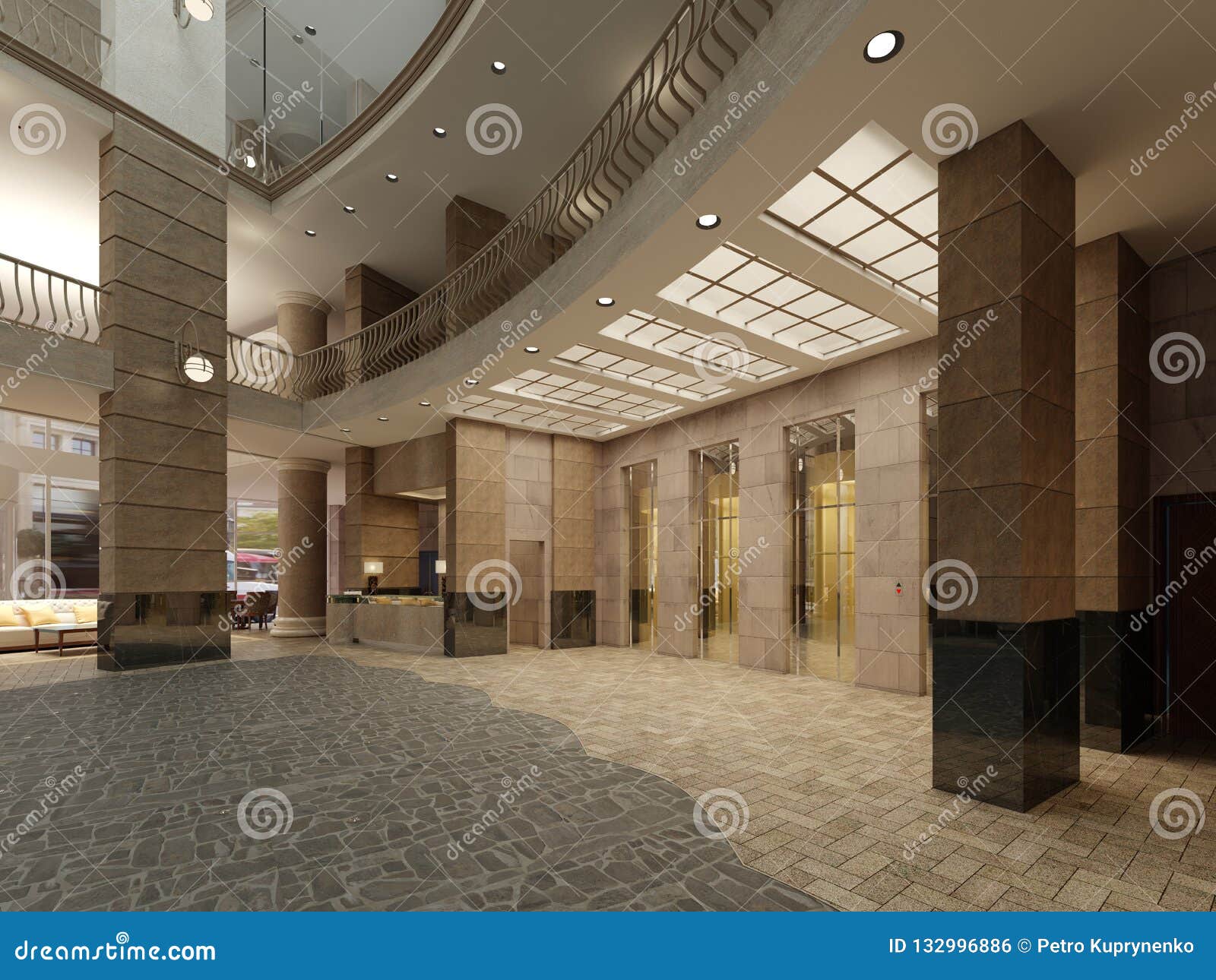 Brown Marble and Metal Elevator Hall in an Hotel with a Large Columns ...