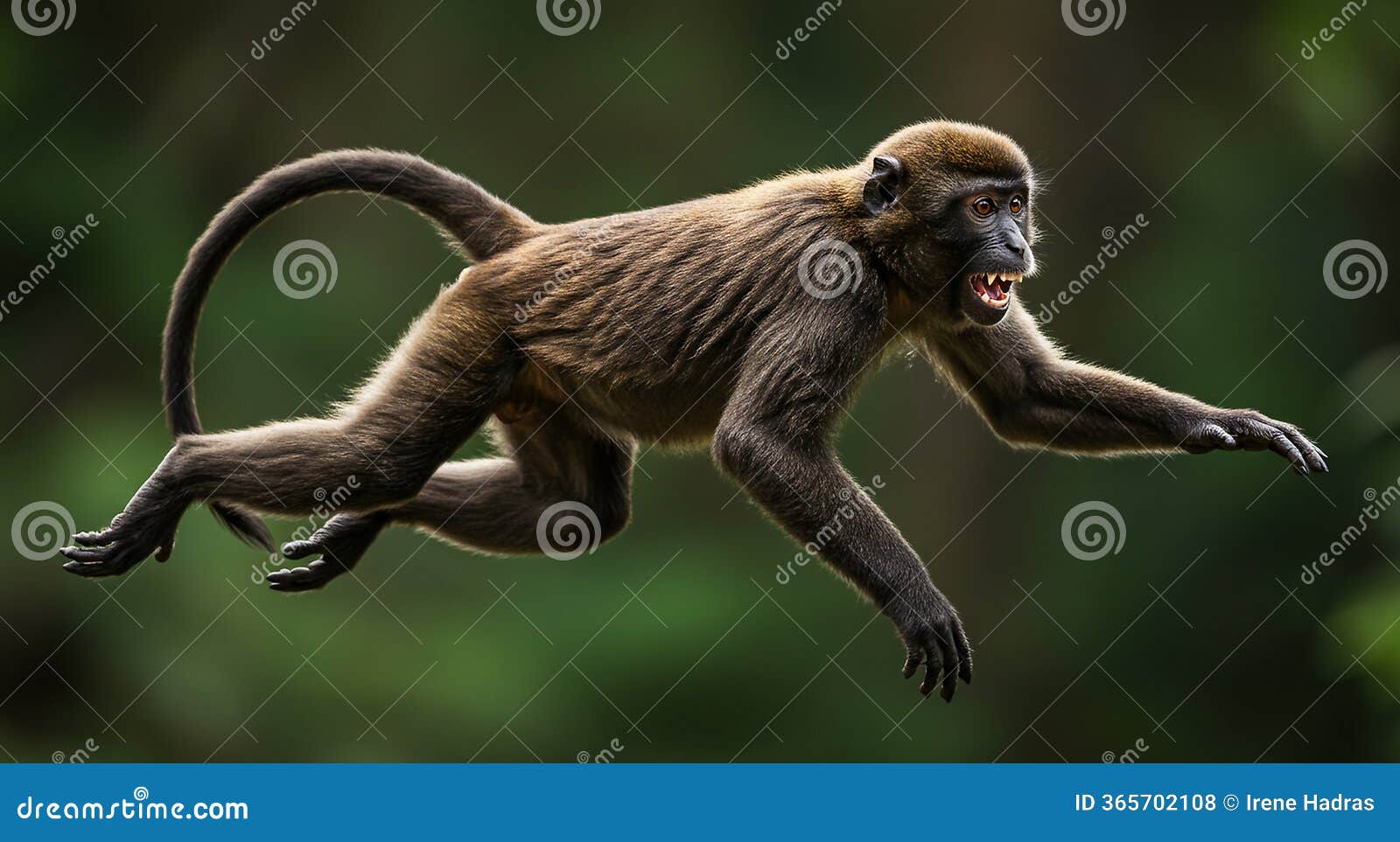 A Brown Monkey Is Captured In Mid-leap With Its Limbs Extended And ...