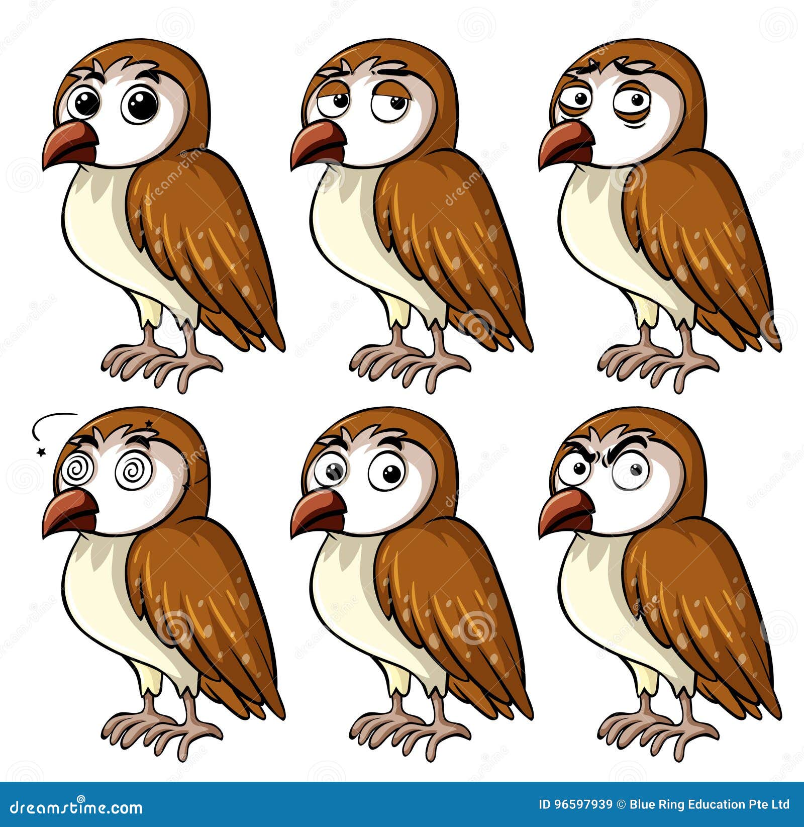 Brown Owl with Different Facial Expressions Stock Vector - Illustration ...