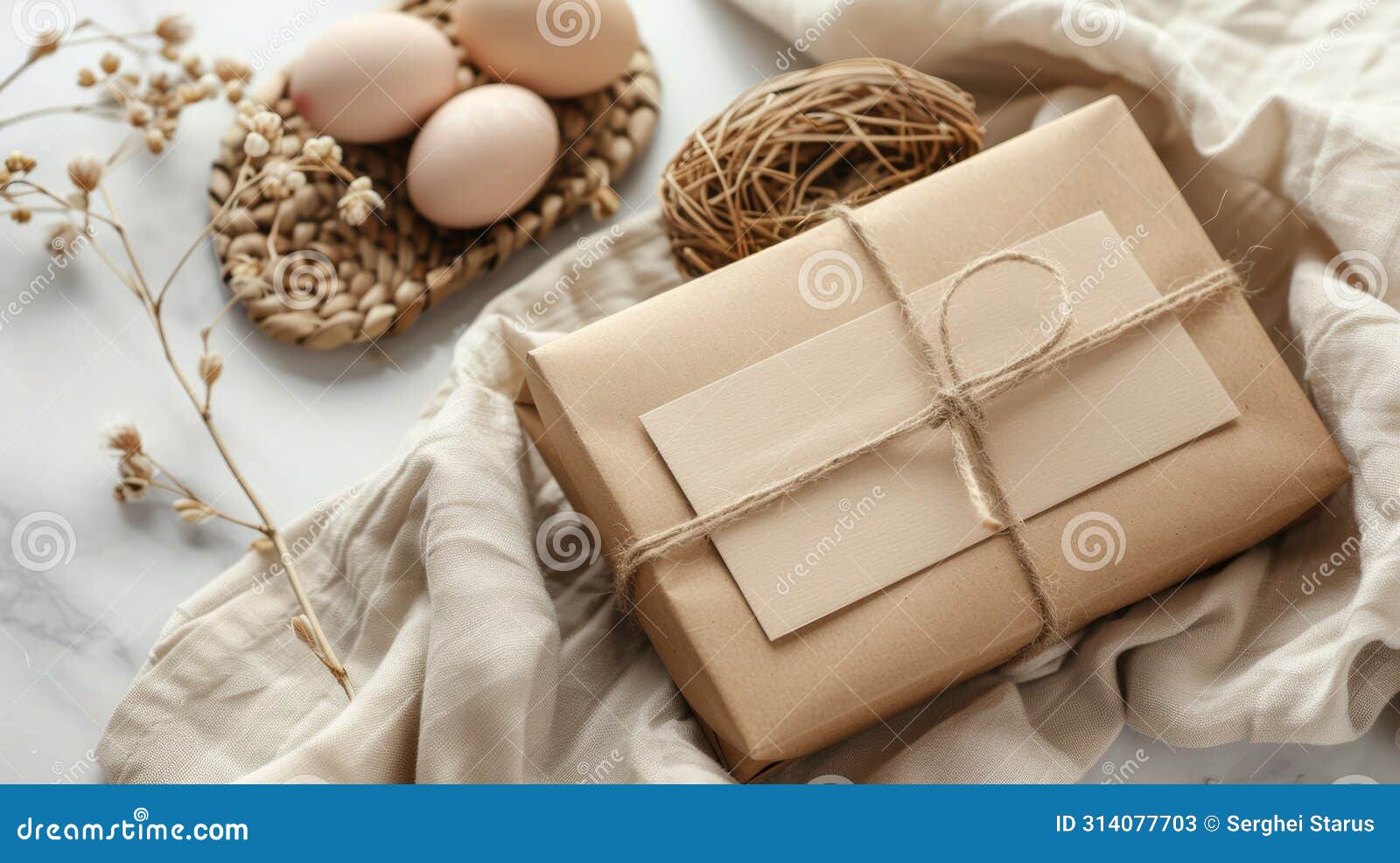 A Brown Package with String Tied To it Sitting on a Blanket, AI Stock ...