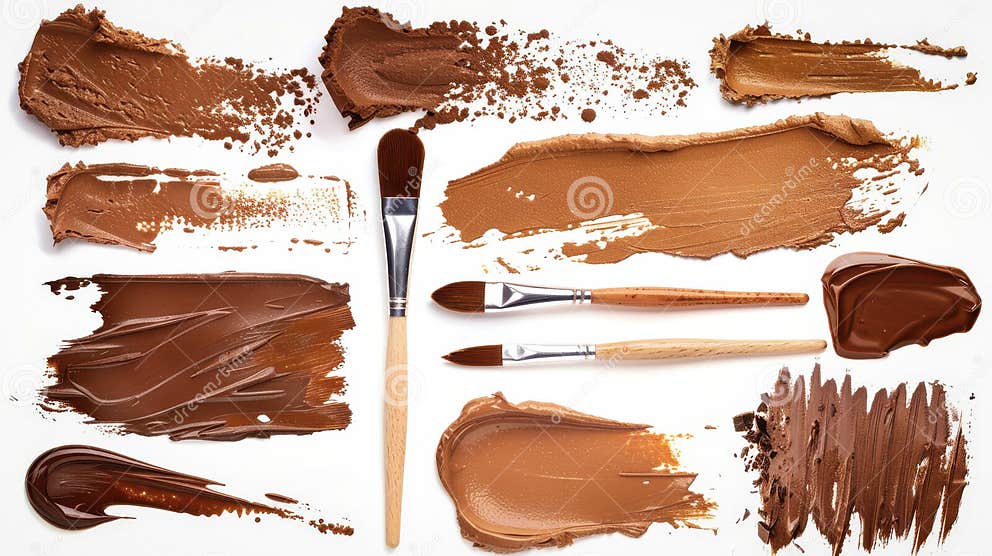 Brown Paint Brushes and Color Samples Displayed on a White Backg Stock ...
