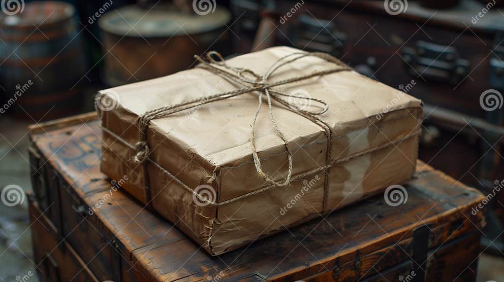 A Brown Parcel Tied with String Rests on an Aged Wooden Surface in a ...