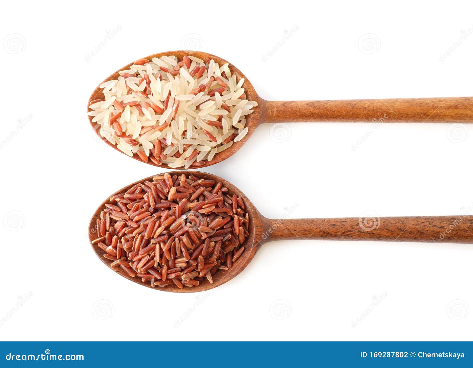 Brown and Polished Rice in Spoons Isolated on White Stock Photo - Image ...