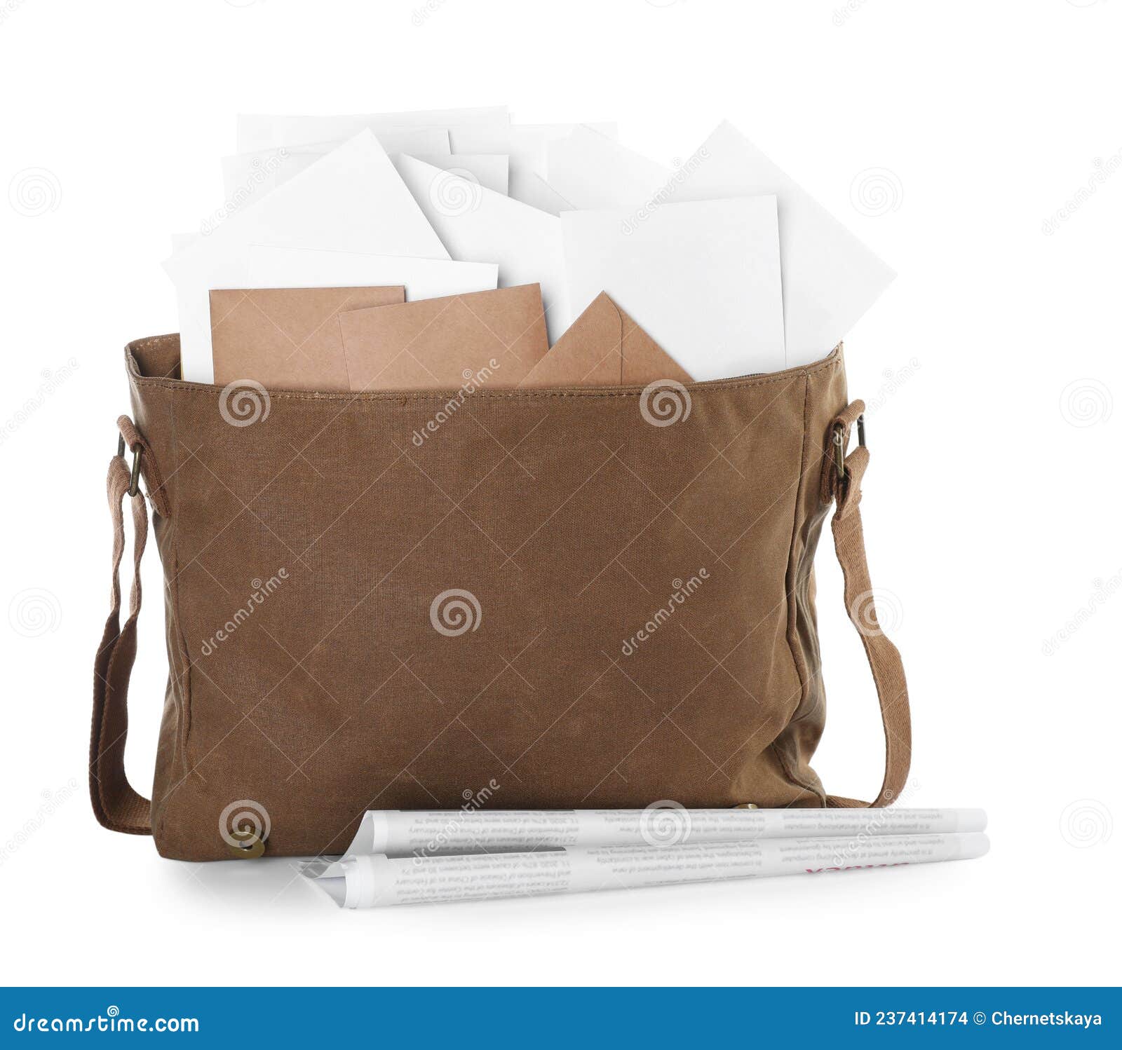 Brown Postman Bag with Mails and Newspapers on White Background Stock ...