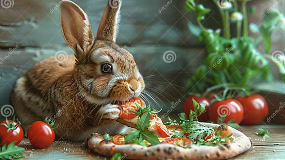 A Brown Rabbit Eats Pizza with Tomatoes and Basil Stock Illustration ...