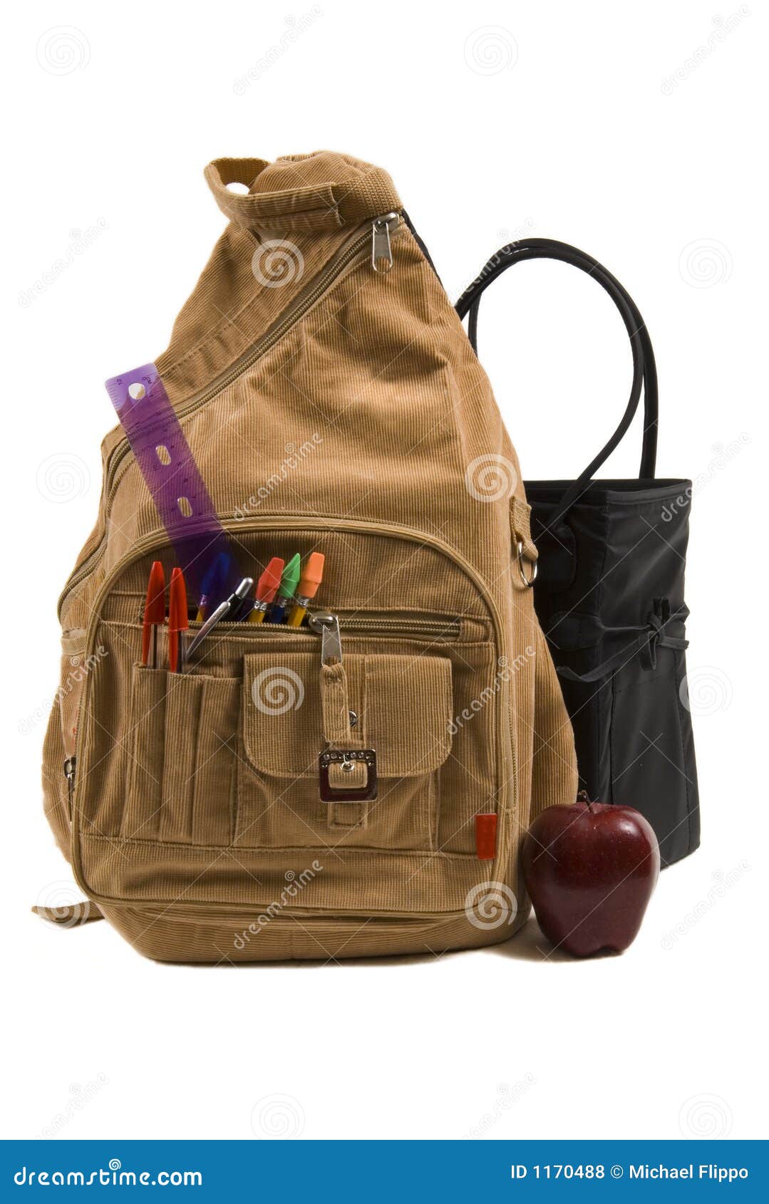 Brown School Back Pack Full of School Supplies and an Apple Stock Photo ...