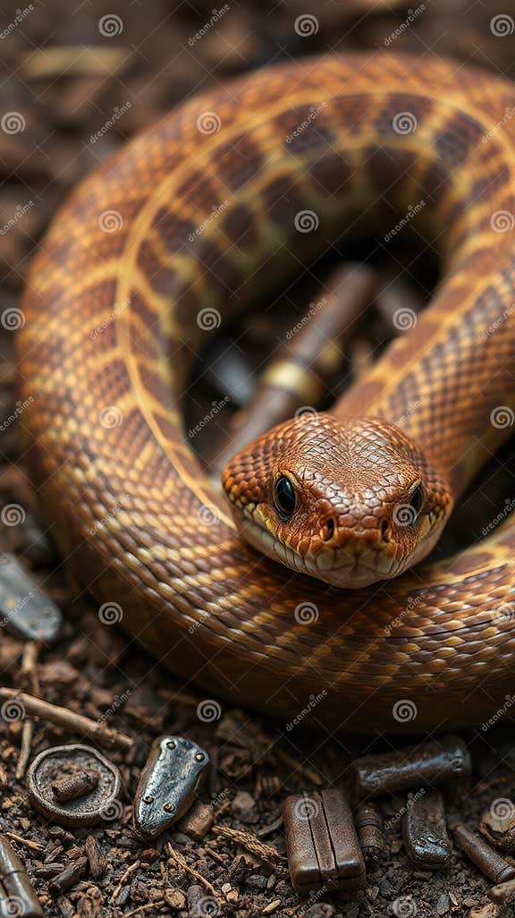 Brown Snake Coiled on Soil with Small Metallic Objects Scattered Around ...