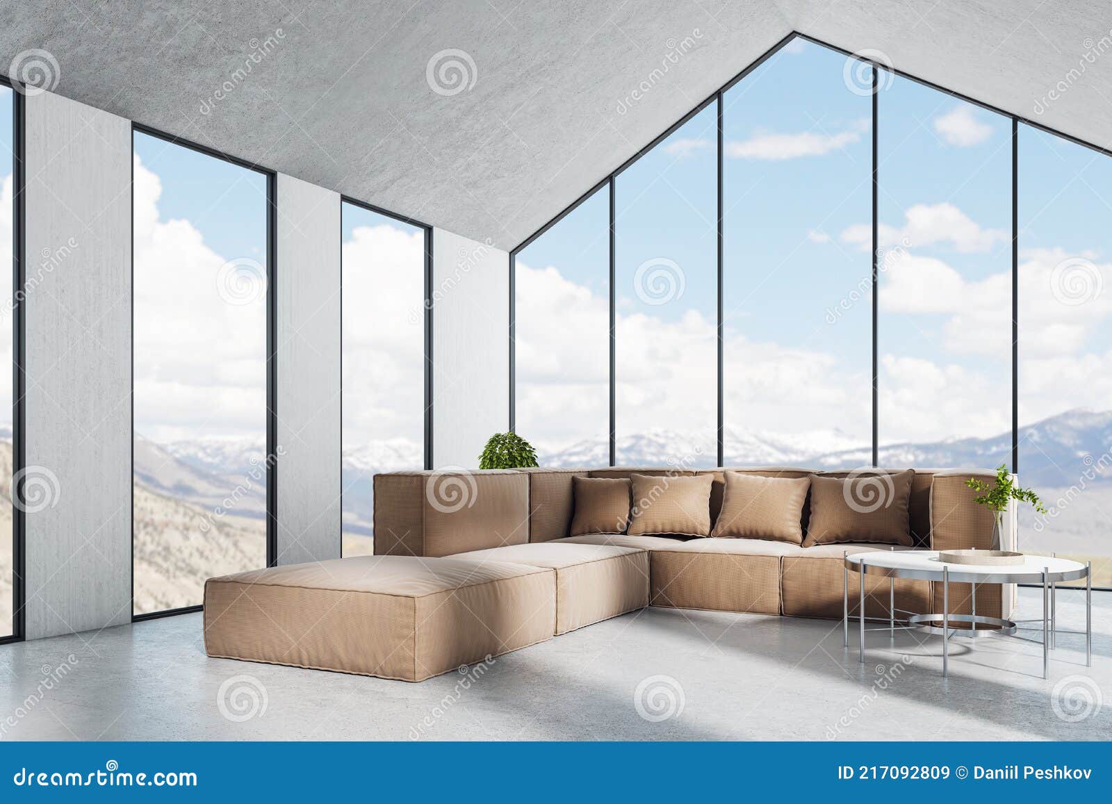 Brown Sofa in a Bright Room with Big Panoramic Triangular Shaped ...