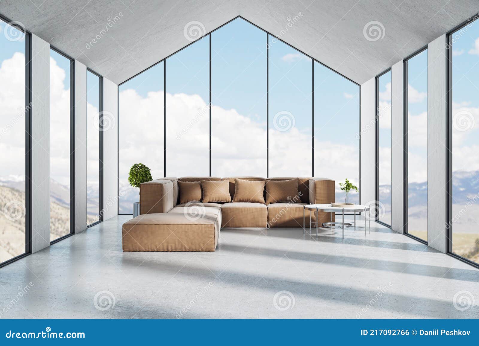 Brown Sofa in a Bright Room with Big Panoramic Triangular Shaped ...