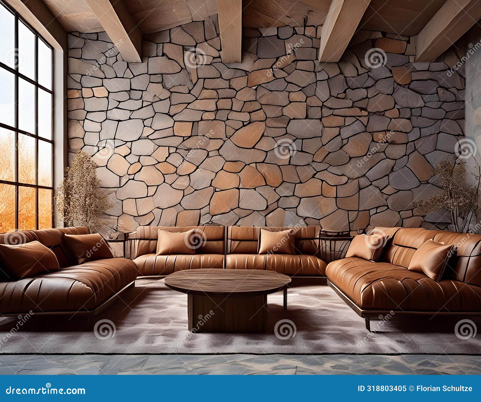 Brown Sofas Against Stone Tiles Cladding Wall In Room With High Ceiling ...