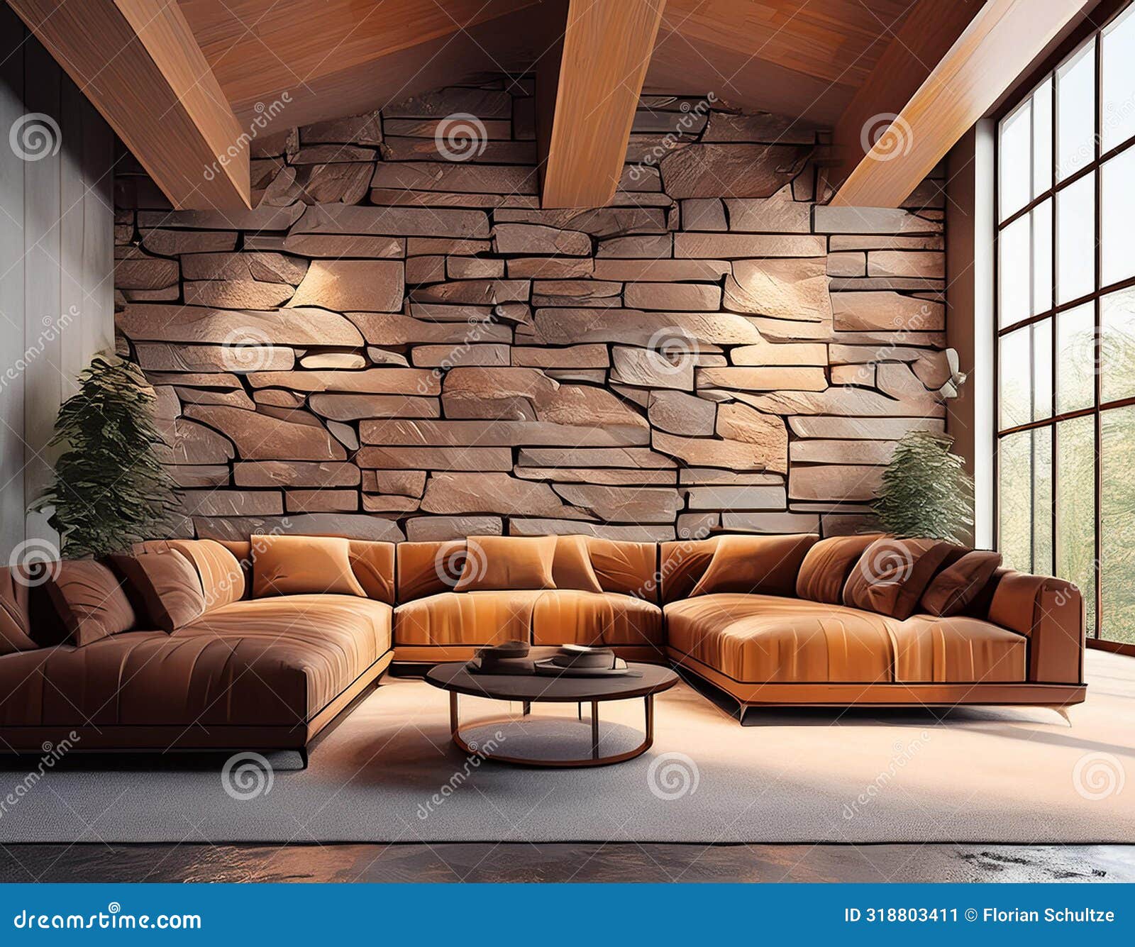 Brown Sofas Against Stone Tiles Cladding Wall In Room With High Ceiling ...