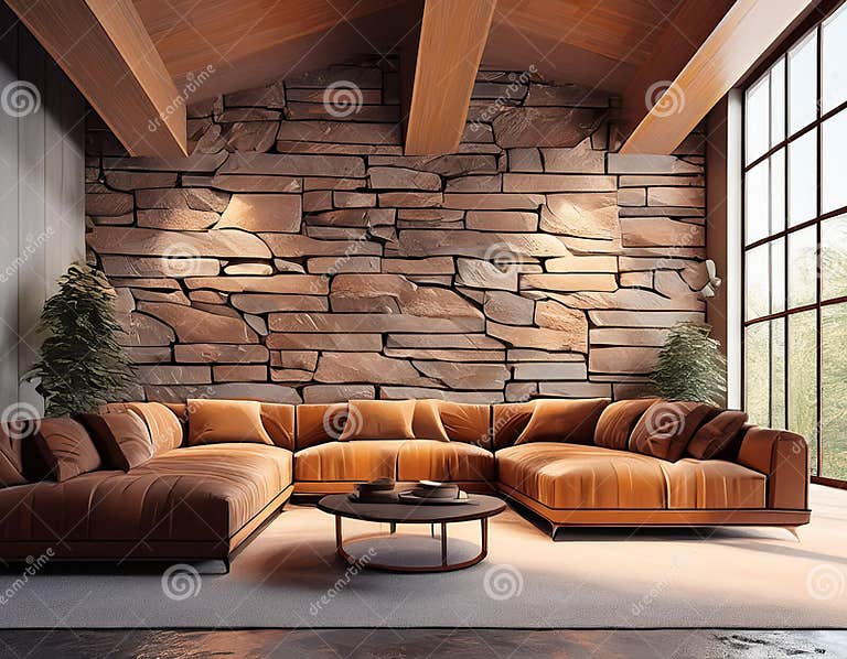 Brown Sofas Against Stone Tiles Cladding Wall in Room with High Ceiling ...