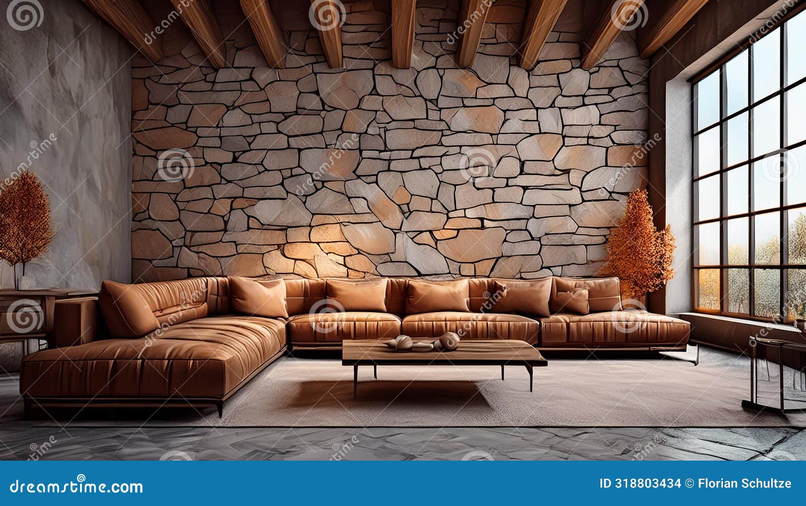 Brown Sofas Against Stone Tiles Cladding Wall In Room With High Ceiling ...