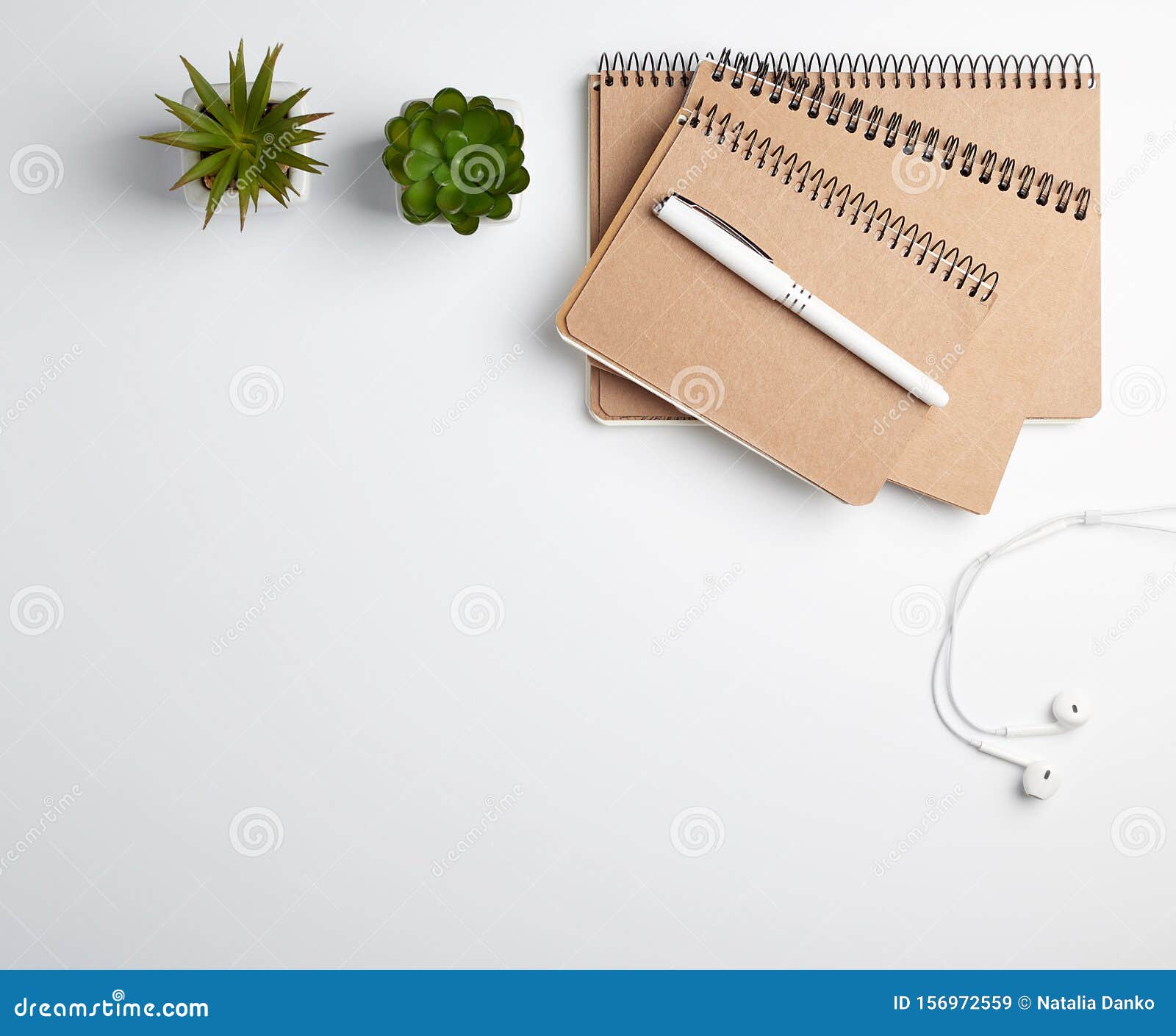 Brown Spiral Notebook with Empty Sheets, Pen and Green Plants in a Pot ...
