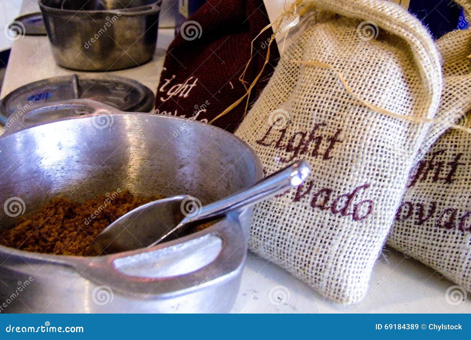Brown sugar in a metal cup editorial stock image. Image of closeup ...
