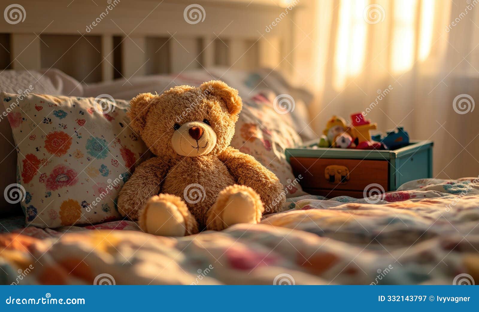 Brown Teddy Bear on Cozy Bed, Colorful Bedding Stock Image - Image of ...