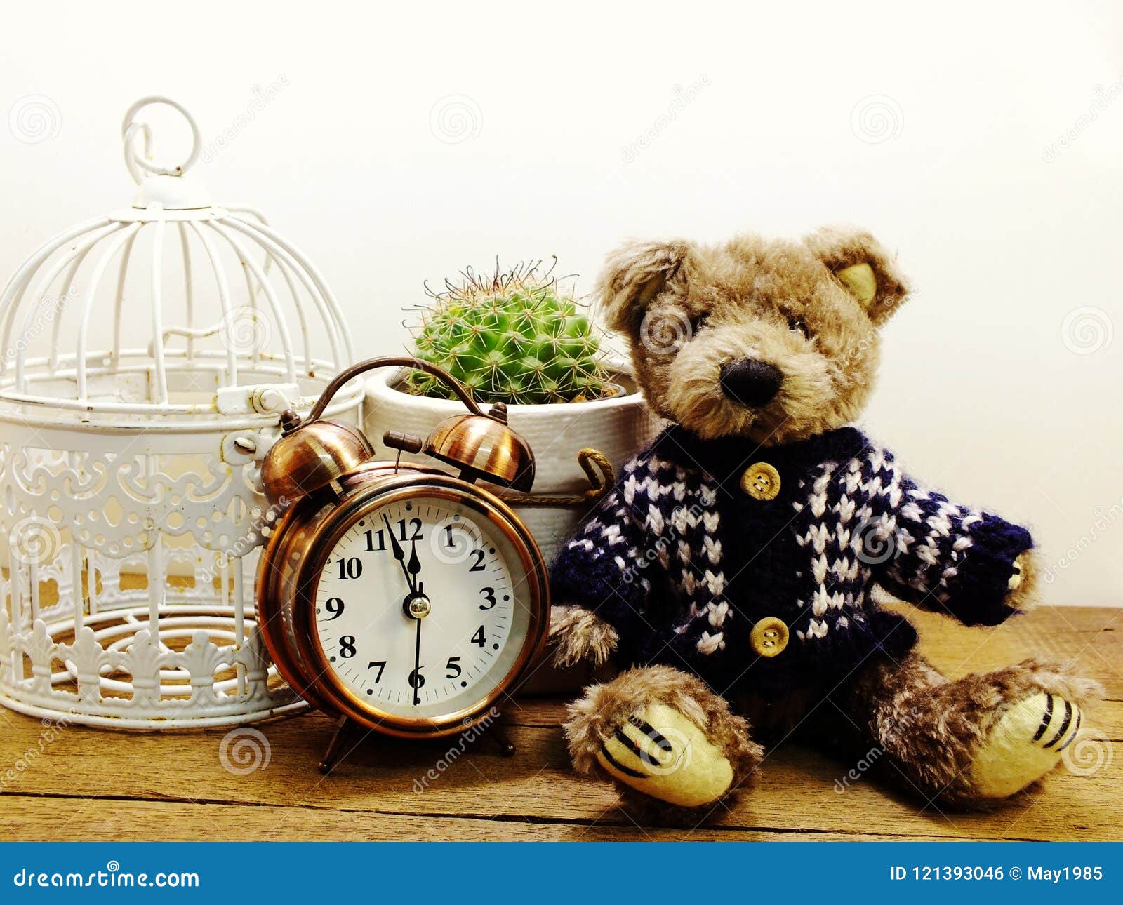 Teddy Bear Sitting on Wooden Table with Cactus in Small Pot and Space ...
