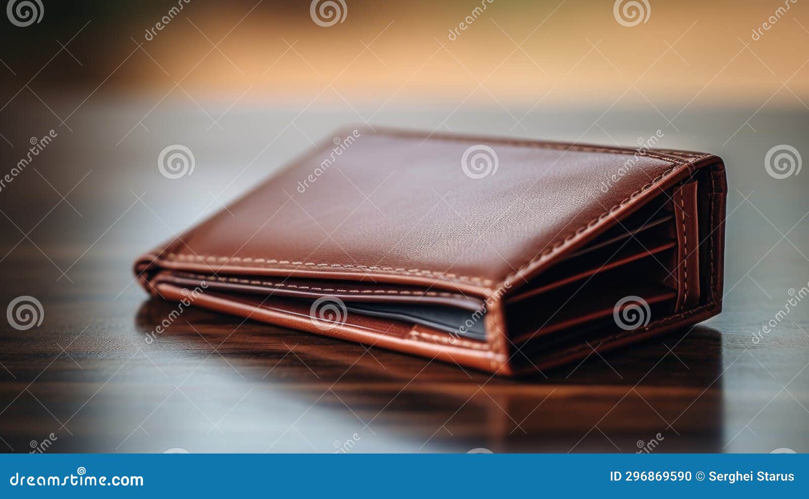A Brown Wallet Sitting on a Table, AI Stock Photo - Image of business ...