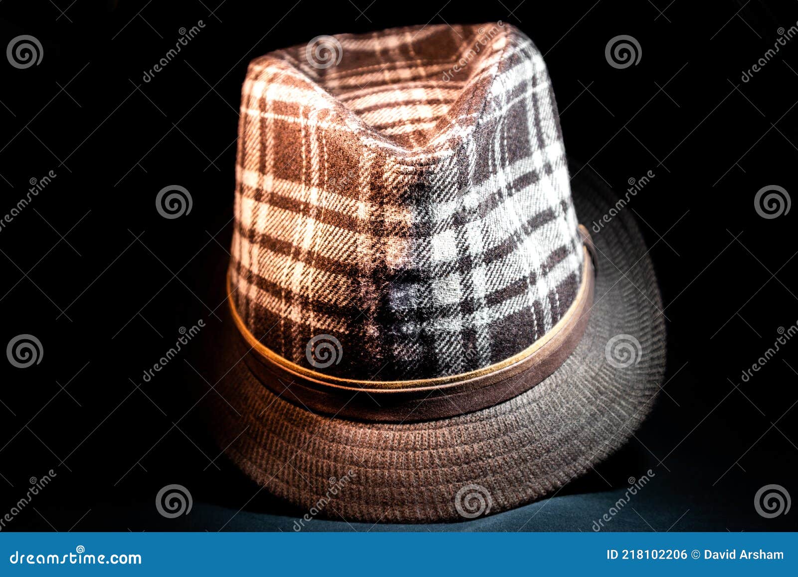 Brown and White Checkered Fedora in Darkness Facing Forward Stock Photo ...