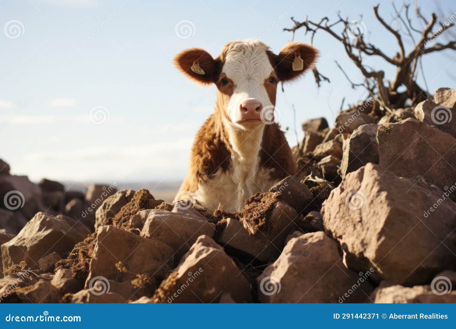 A Brown and White Cow Sitting on Top of a Pile of Rocks Stock ...