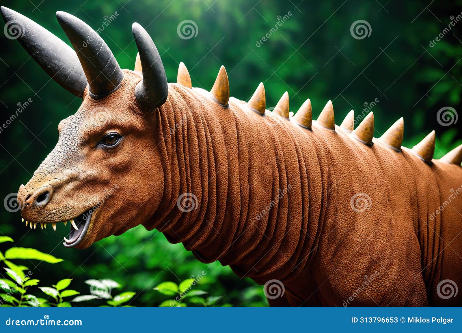 A Brown and White Dinosaur with Sharp Horns on Its Head and a Long Tail ...