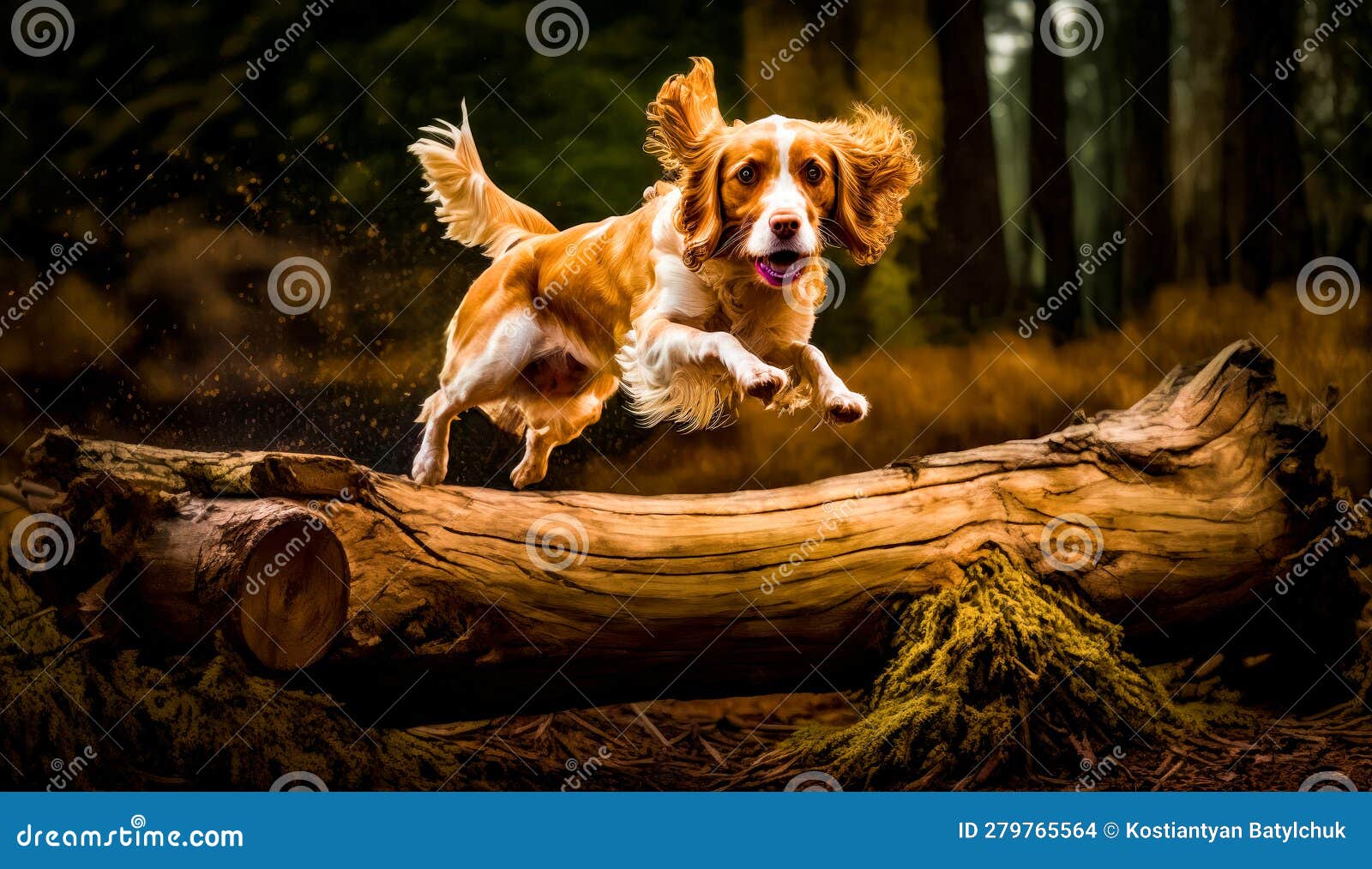 Brown and White Dog Jumping Over Log in the Woods with Trees in the ...