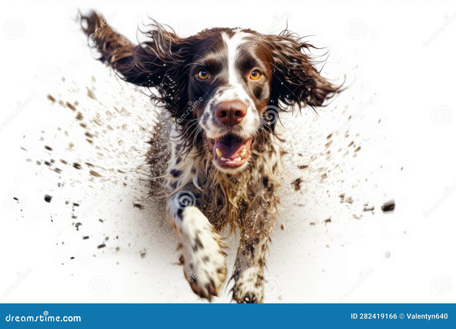 Brown and White Dog is Running through Puddle of Water and Dirt ...