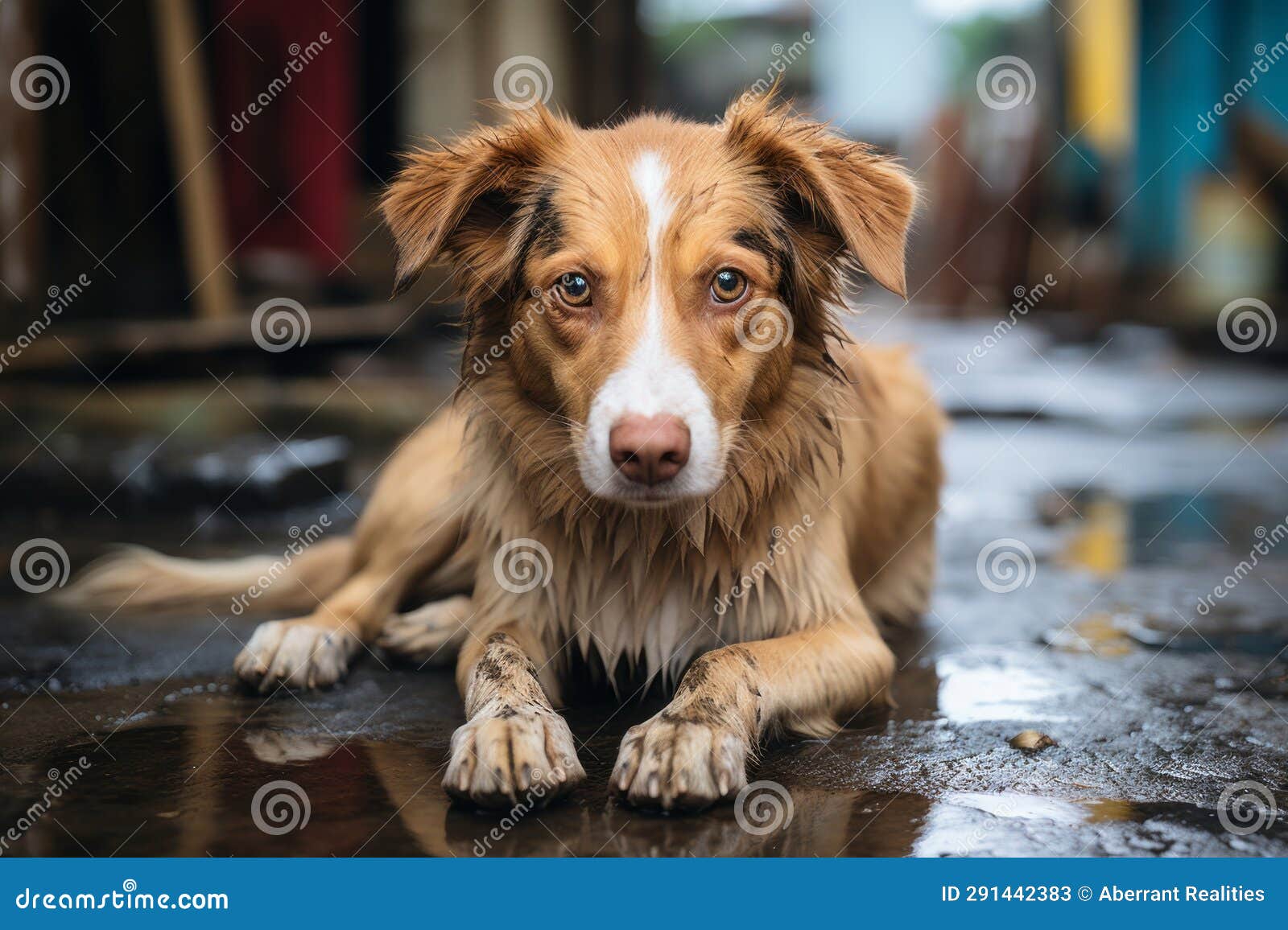 A Brown and White Dog Sitting in a Puddle Stock Illustration ...