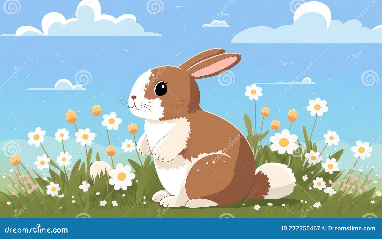 A Brown and White Rabbit Sitting in a Field of Flowers Stock ...