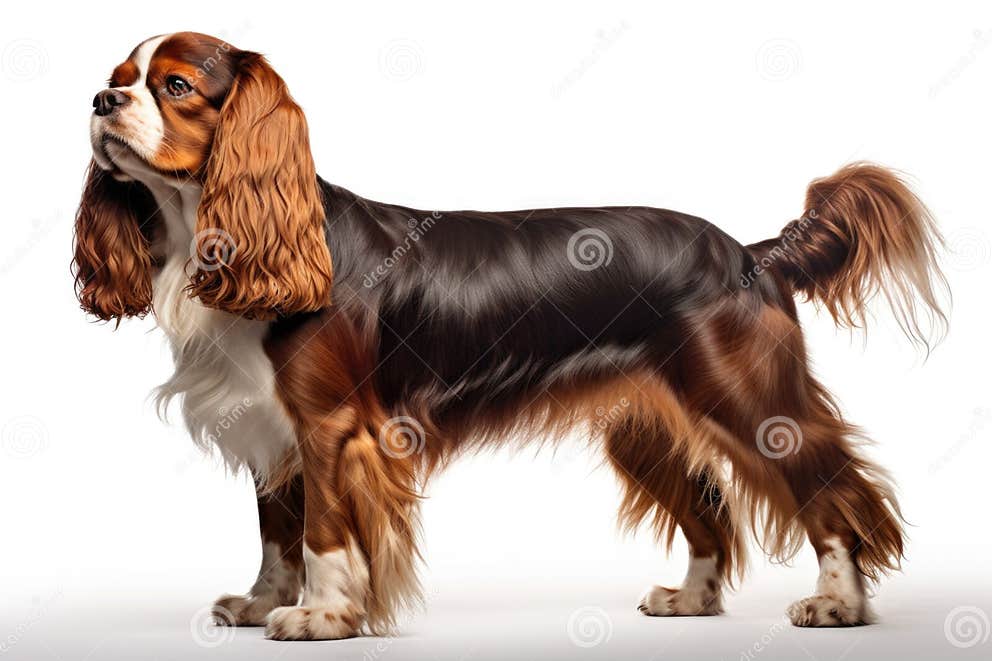 A Brown and White Spaniel Dog Standing on a White Surface Stock ...