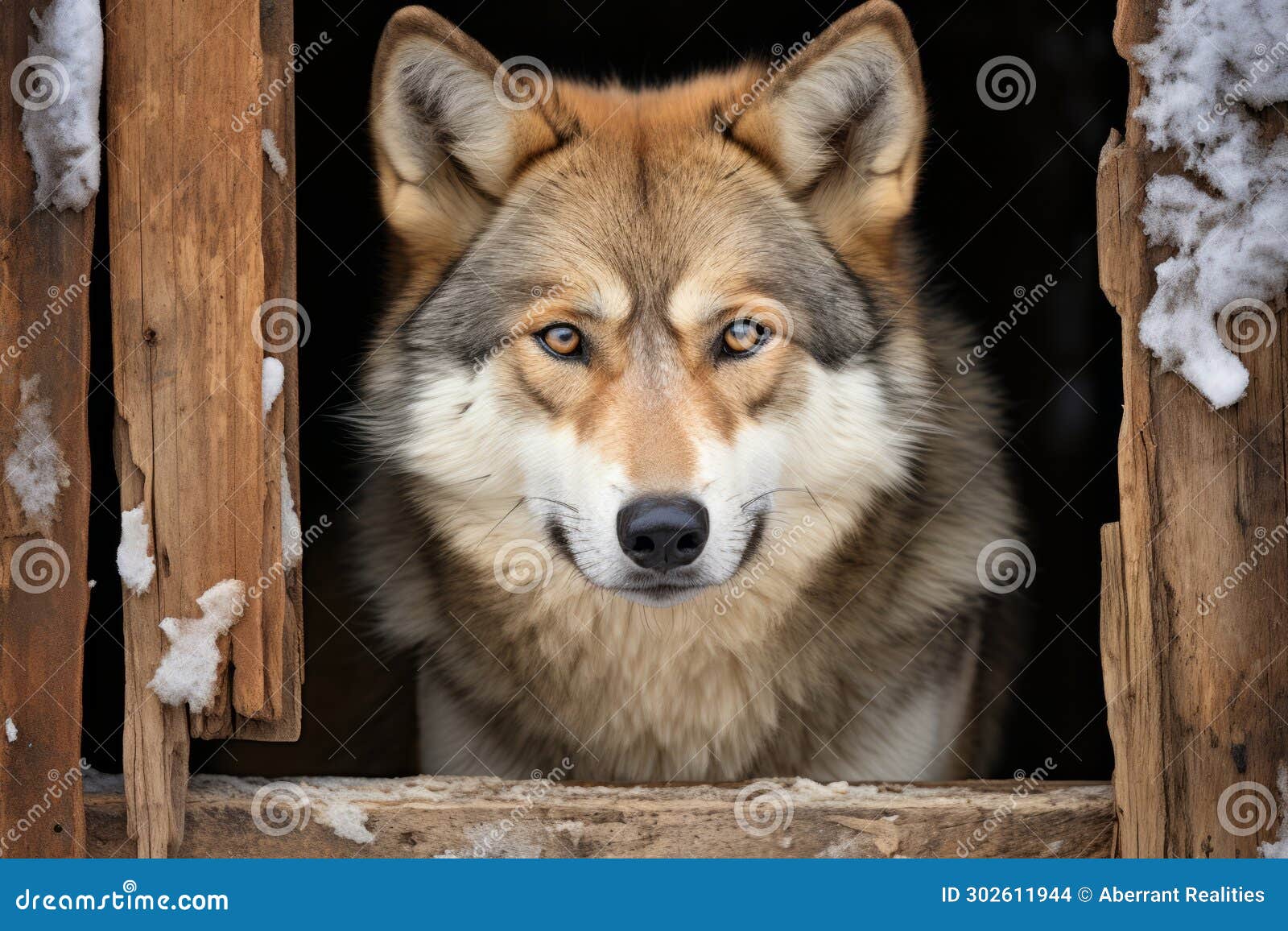 A Brown and White Wolf Looking Out a Window Stock Illustration ...
