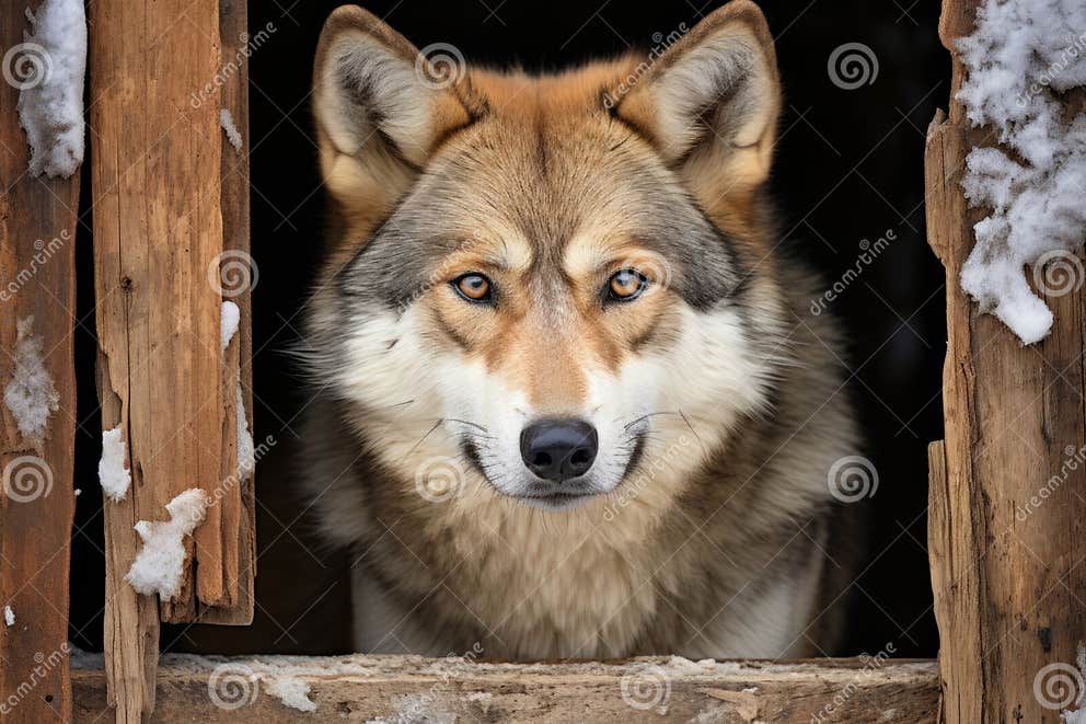 A Brown and White Wolf Looking Out a Window Stock Illustration ...