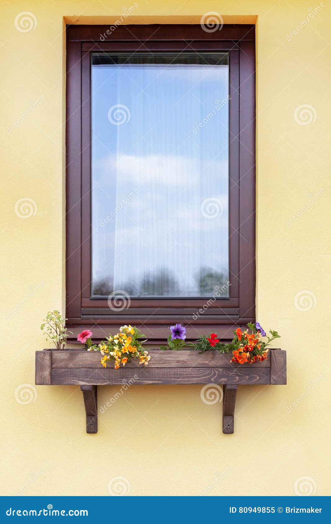 Brown Window with Flowers in Hanging Flower Pot. Stock Image - Image of ...