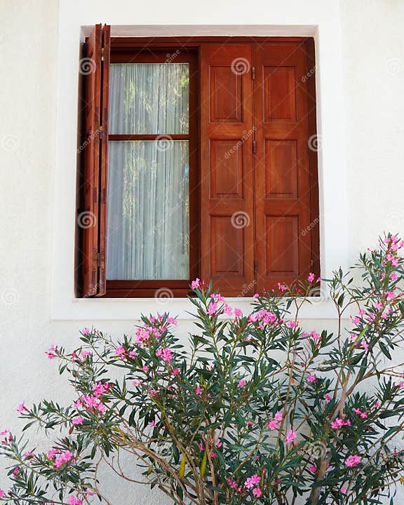 Brown Window, Pink Oleander Stock Photo - Image of oleander, home: 21735374