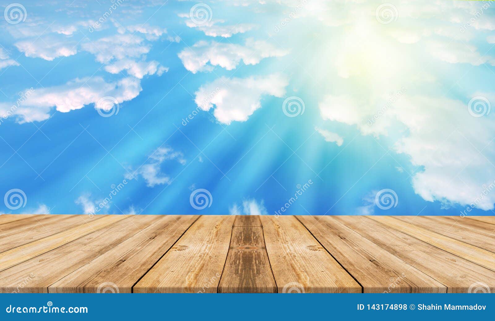 Brown Wood Table Against Blue Sky with White Clouds,for Montage Product ...