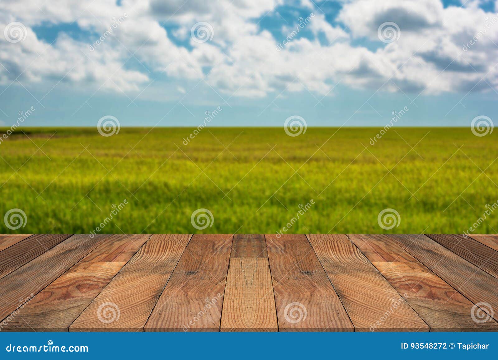 Brown Wood Table and Blurry Paddy Field in Background. Stock Photo ...