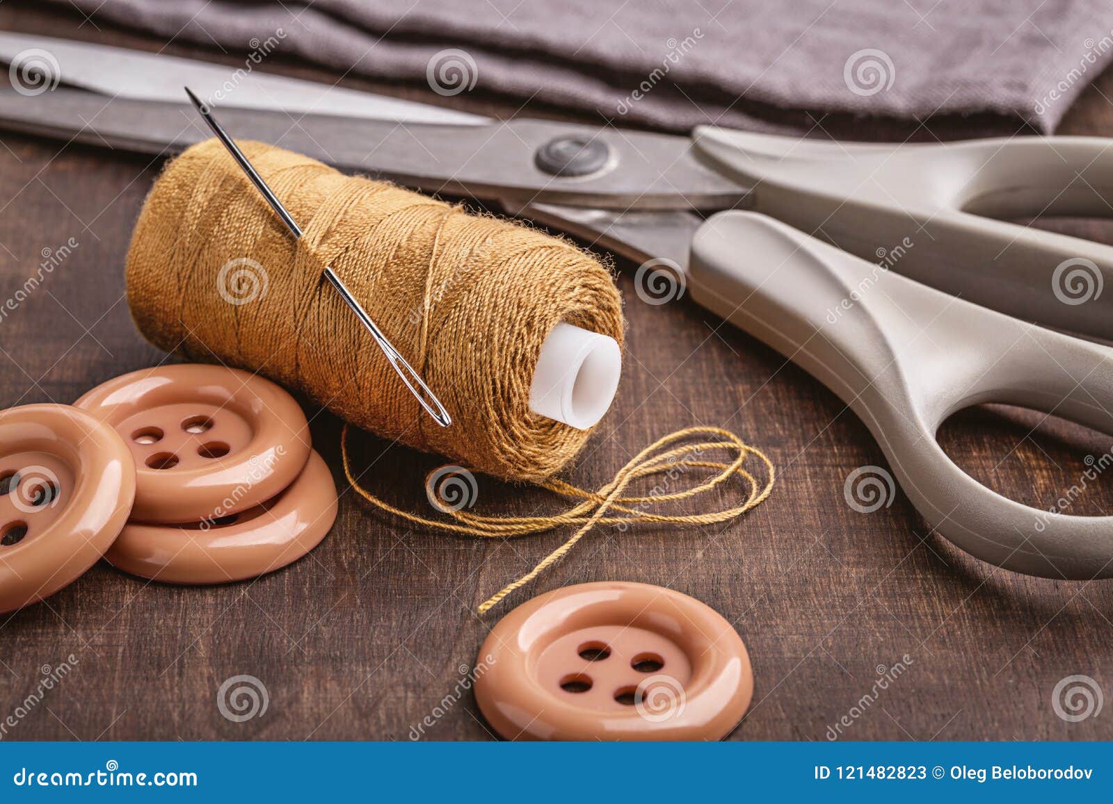 On Brown Wooden Surface are Objects for Sewing. Stock Image - Image of ...