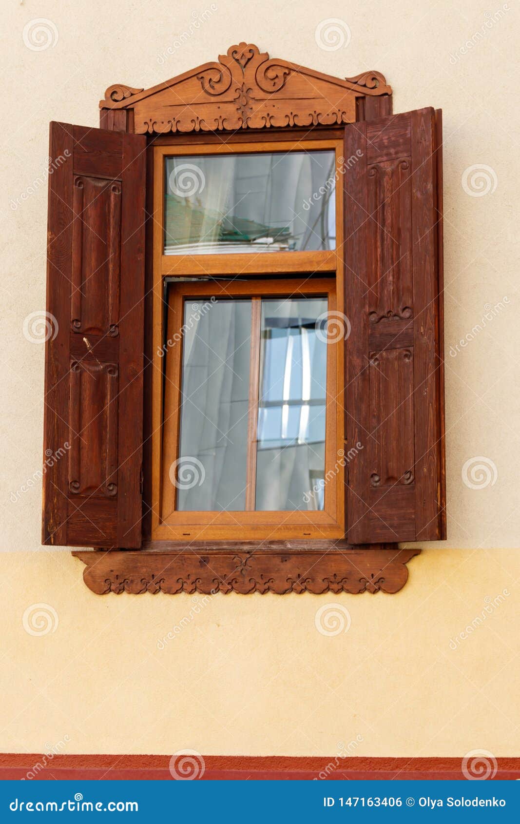 Brown Wooden Window with Open Shutters Stock Photo - Image of brown ...