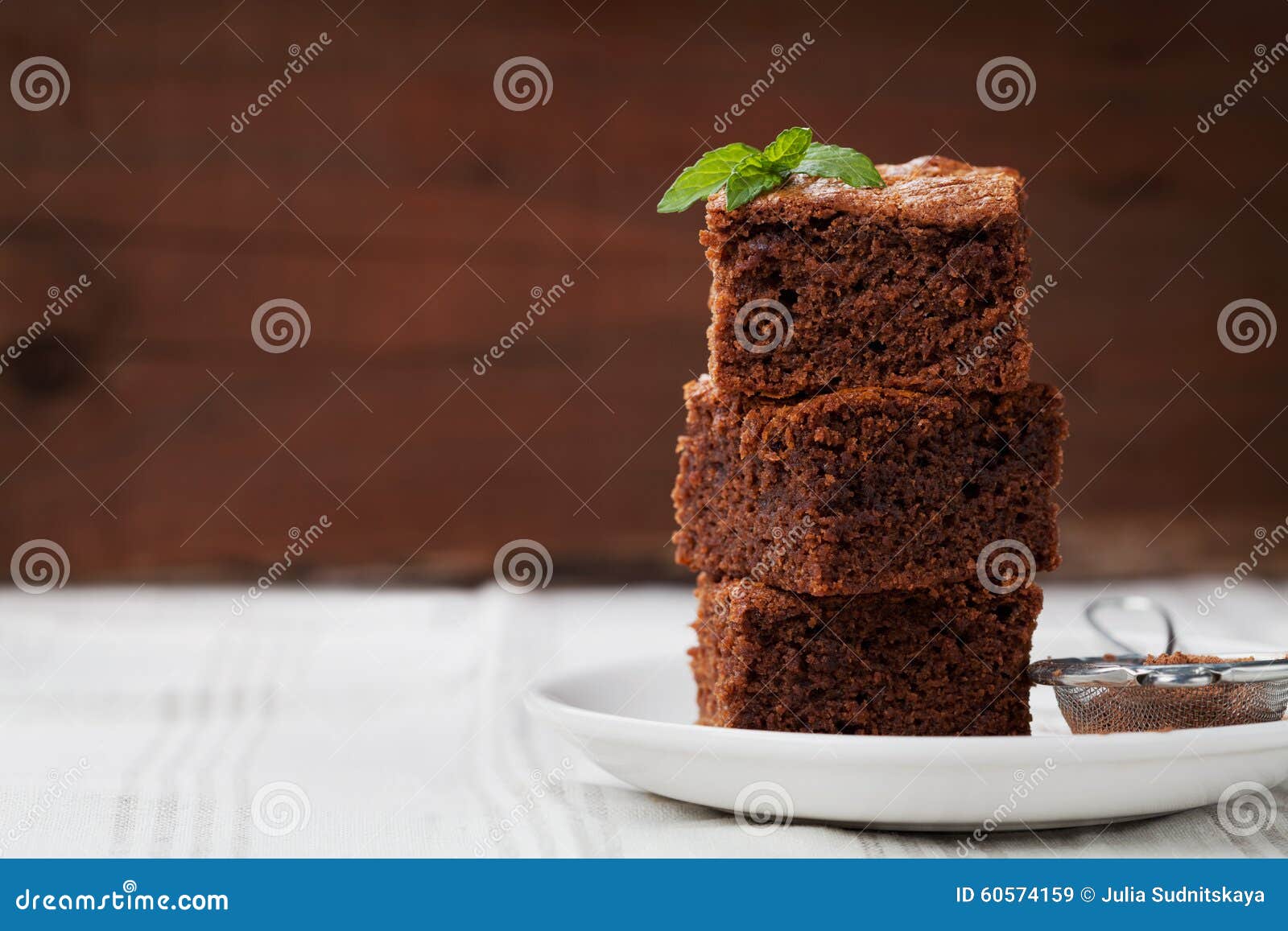 Brownie Stack, Closeup Chocolate Cake in Plate on Rustic Table Stock ...