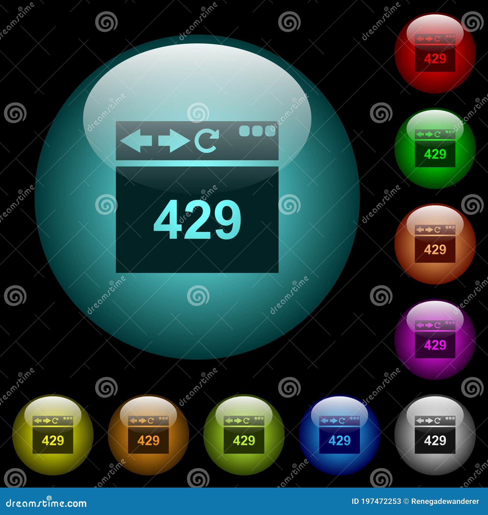Browser 429 Too Many Requests Icons In Color Illuminated Glass Buttons Stock Vector