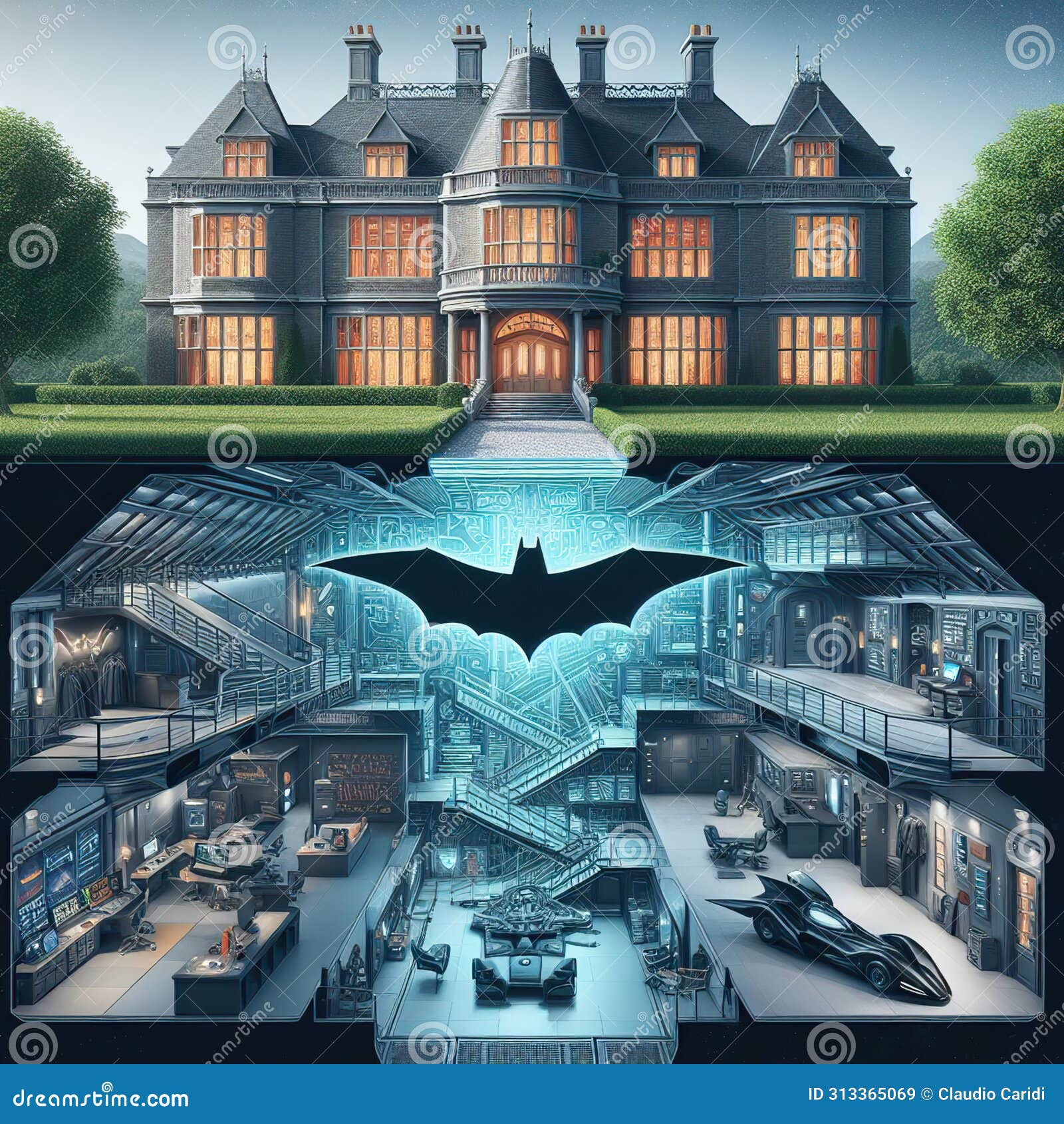 Bruce Wayne Manor and Below an X-ray Vision of the Batman Batcave ...