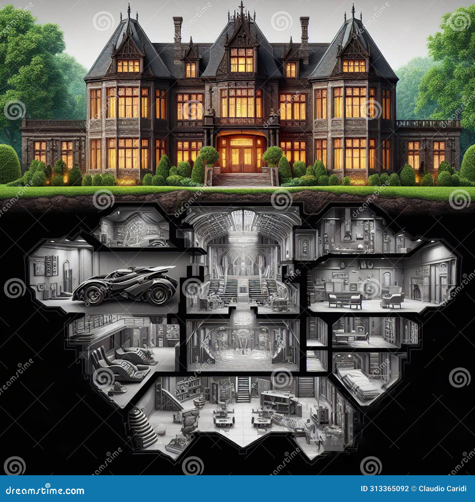Bruce Wayne Manor and Below an X-ray Vision of the Batman Batcave ...