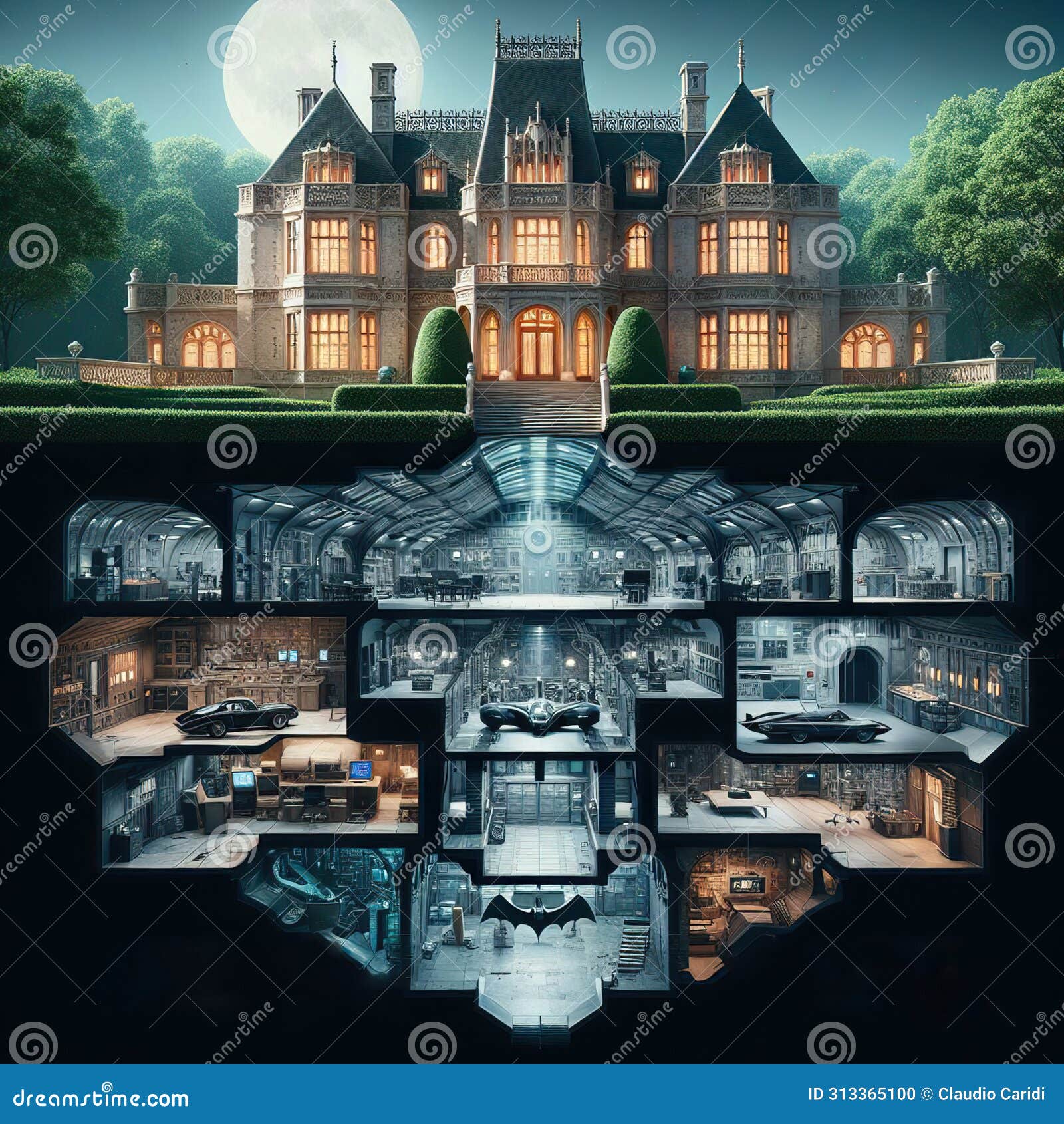 Bruce Wayne Manor and Below an X-ray Vision of the Batman Batcave ...