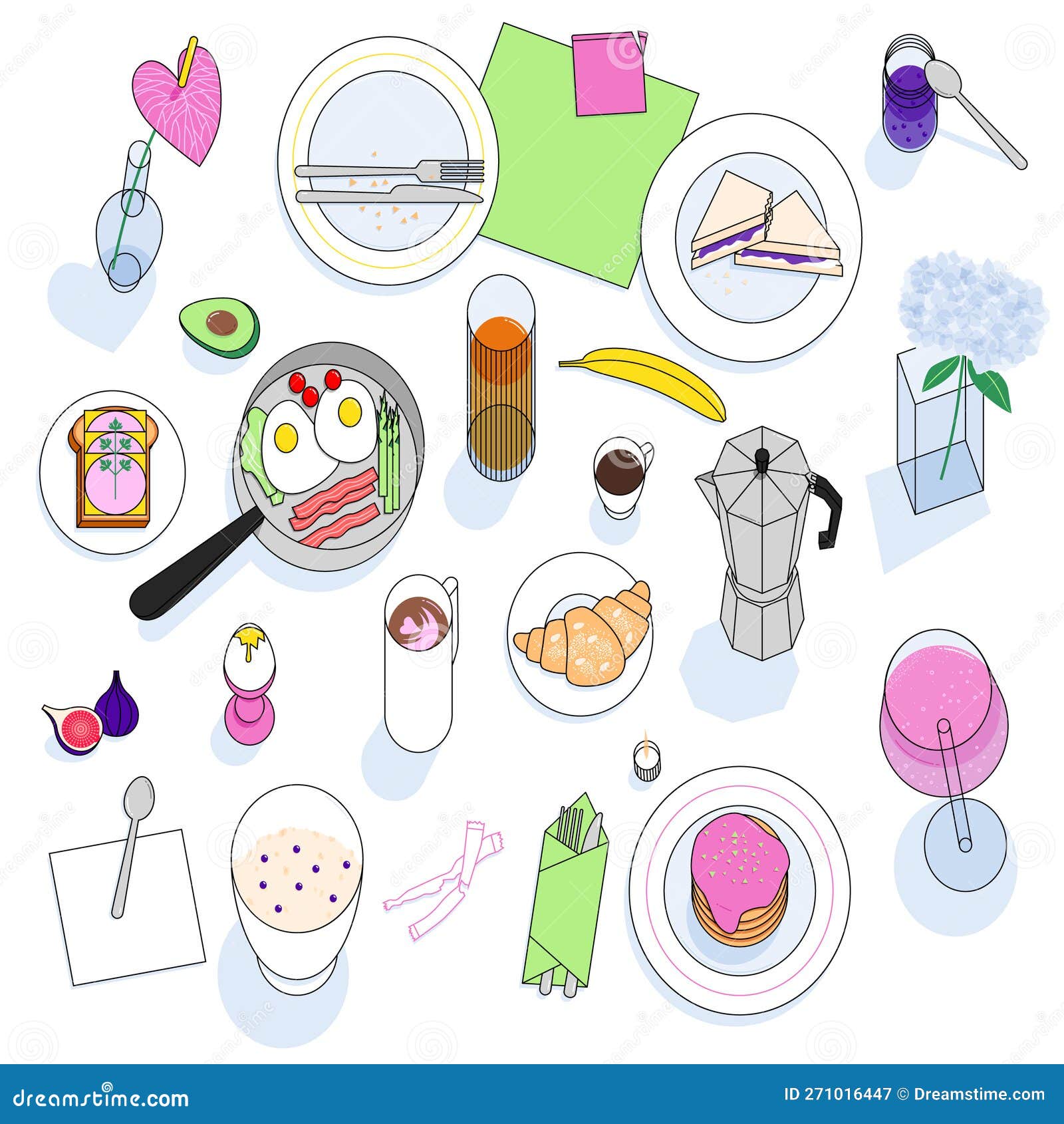 Breakfast Meal Vector Items Isolated on White Background Top View Stock ...