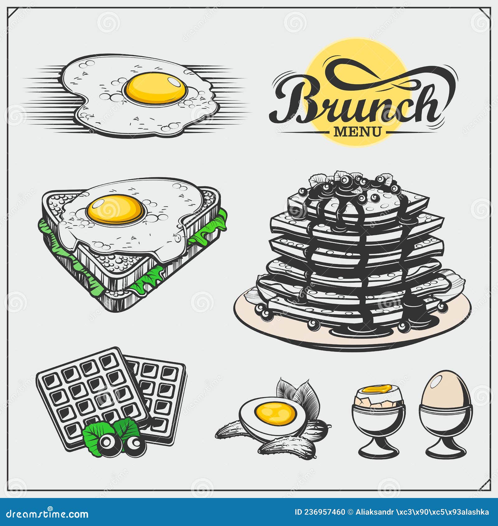 Brunch Menu Labels, Icons and Design Elements. Delicious Pancake ...
