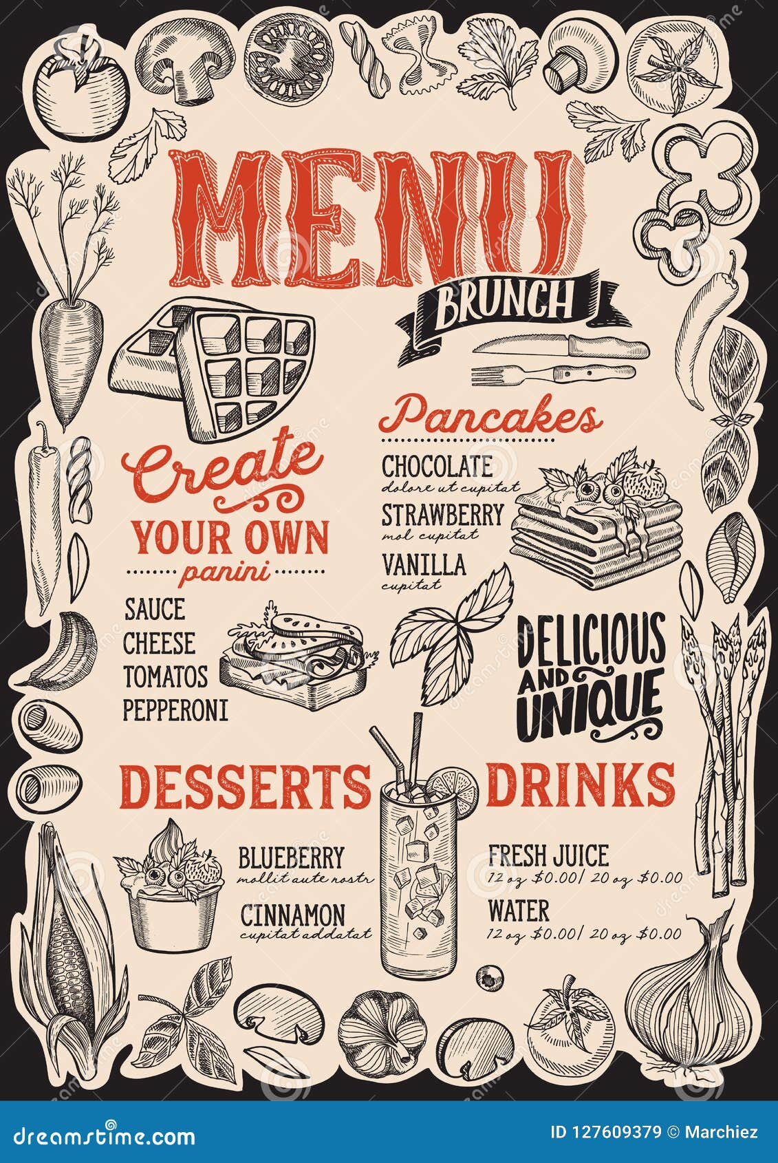 Brunch Menu for Restaurant with Frame of Graphic Vegetables. Stock ...
