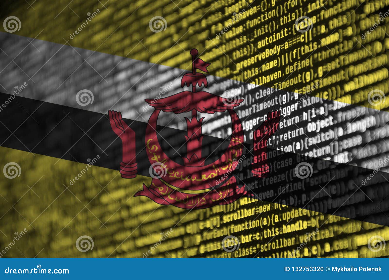 Brunei Darussalam Flag is Depicted on the Screen with the Program Code ...