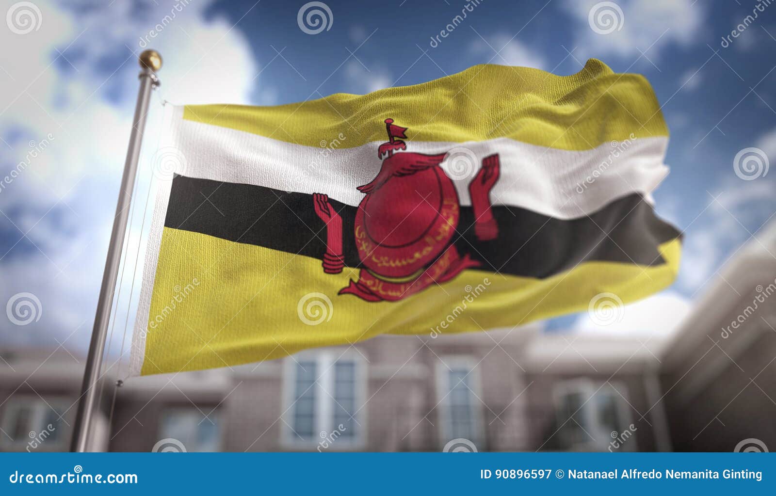 Brunei Flag 3D Rendering on Blue Sky Building Background Stock Image ...