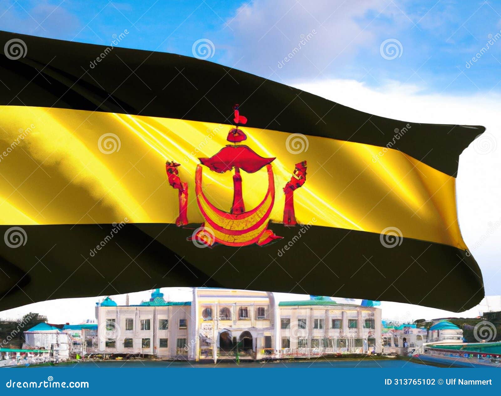 Brunei Flag with Sultan Palace Stock Illustration - Illustration of ...